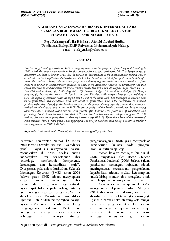 (PDF) Pengembangan Handout Berbasis Kontekstual Pada Pelajaran Biologi Materi Bioteknologi Untuk ...