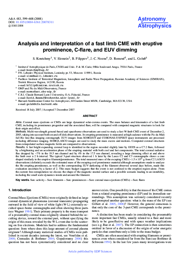 (PDF) Analysis and interpretation of a fast limb CME with eruptive ...