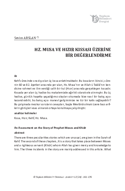 (PDF) Hz. Musa Ve Hizir Kissasi Üzeri̇ne Bi̇r Değerlendi̇rme