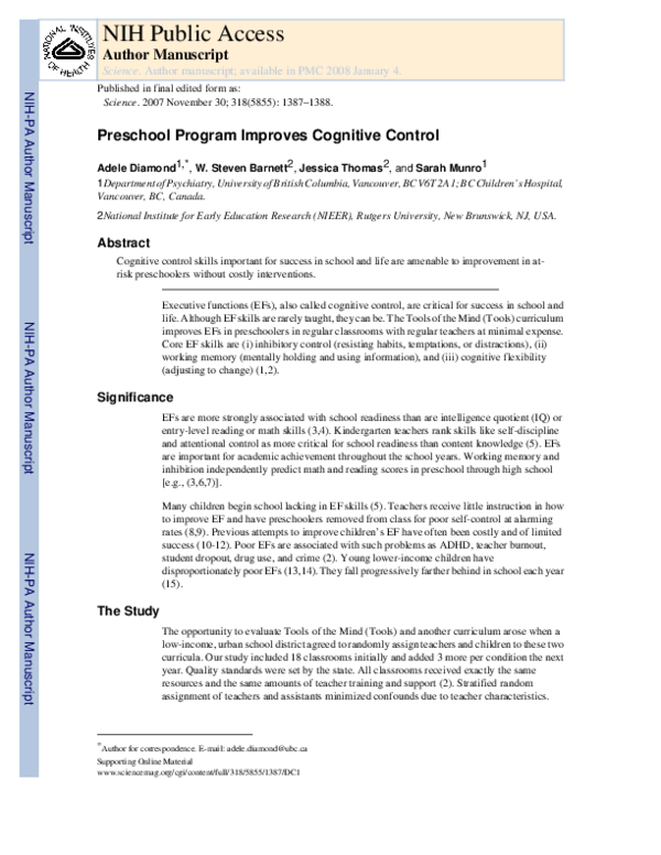 (PDF) Preschool Program Improves Cognitive Control