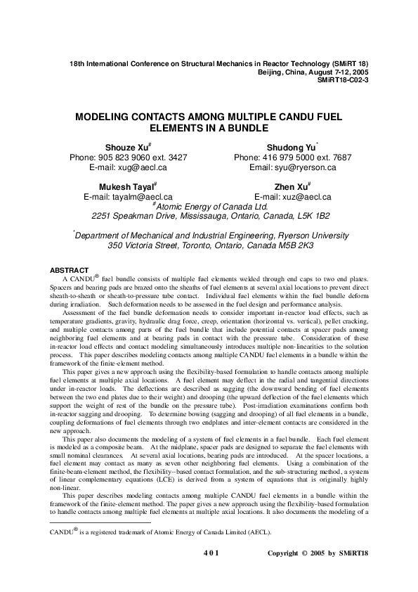 (PDF) Modeling Contacts Among Multiple Candu Fuel Elements in a Bundle