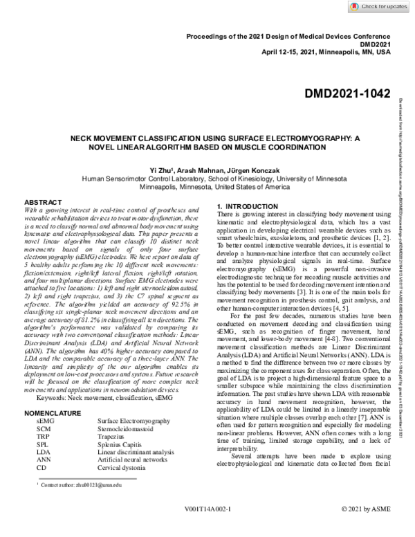 (PDF) Neck Movement Classification Using Surface Electromyography: A Novel Linear Algorithm ...