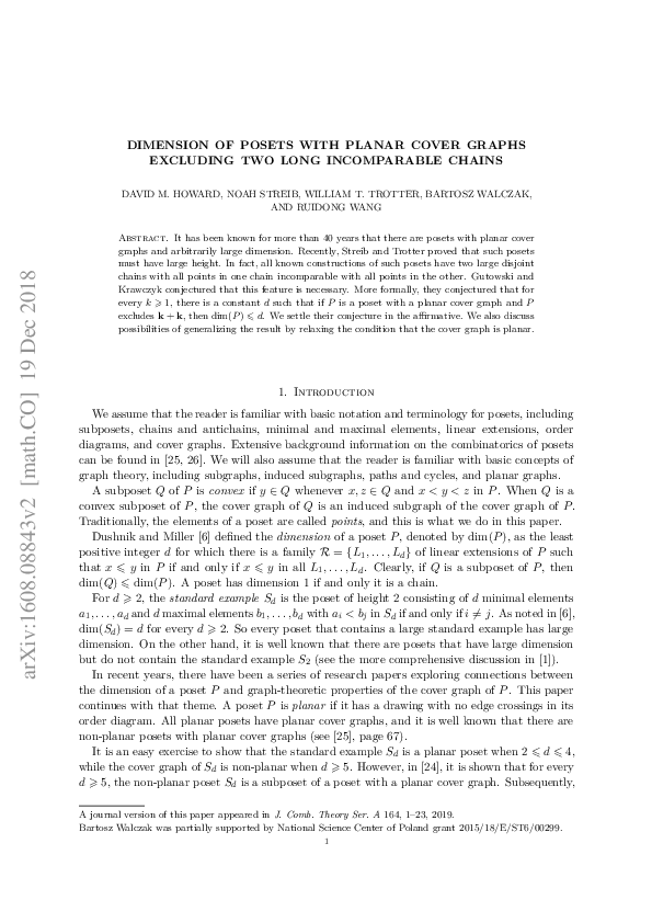 (PDF) Dimension of posets with planar cover graphs excluding two long ...