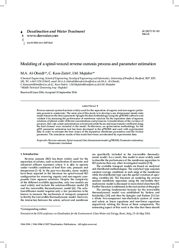 (PDF) Modeling of a spiral-wound reverse osmosis process and parameter estimation