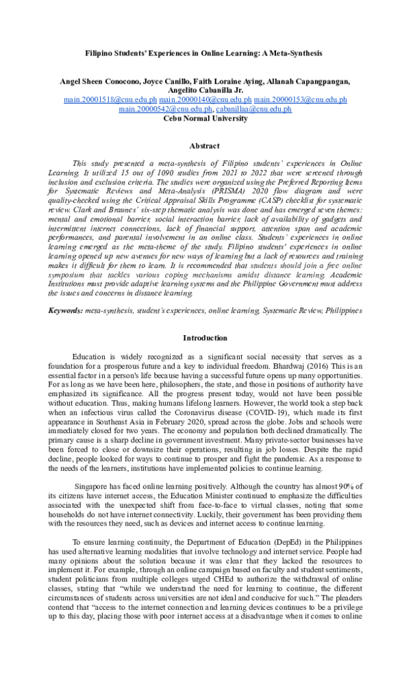 (PDF) Filipino Students' Experiences in Online Learning: A Meta-Synthesis