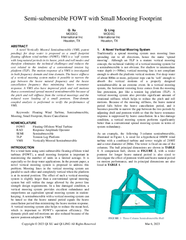 (PDF) Semi-submersible FOWT with Small Mooring Footprint
