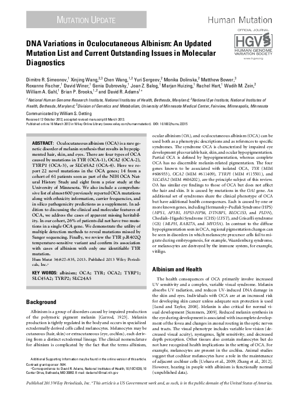 (PDF) DNA Variations in Oculocutaneous Albinism: An Updated Mutation List and Current ...