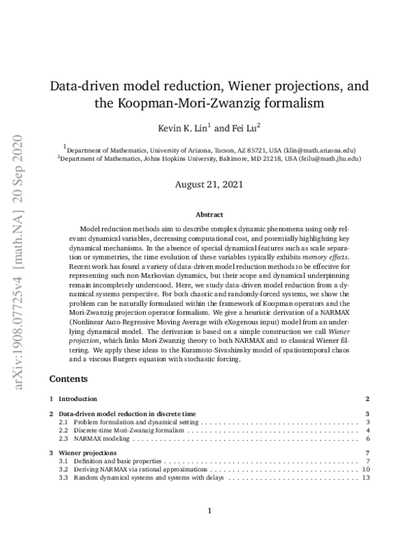 Pdf Data Driven Model Reduction Wiener Projections And The Koopman Mori Zwanzig Formalism
