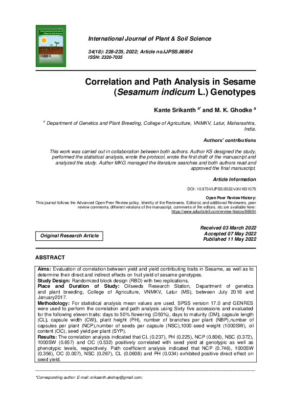 (PDF) Correlation and Path Analysis in Sesame (Sesamum indicum L.) Genotypes