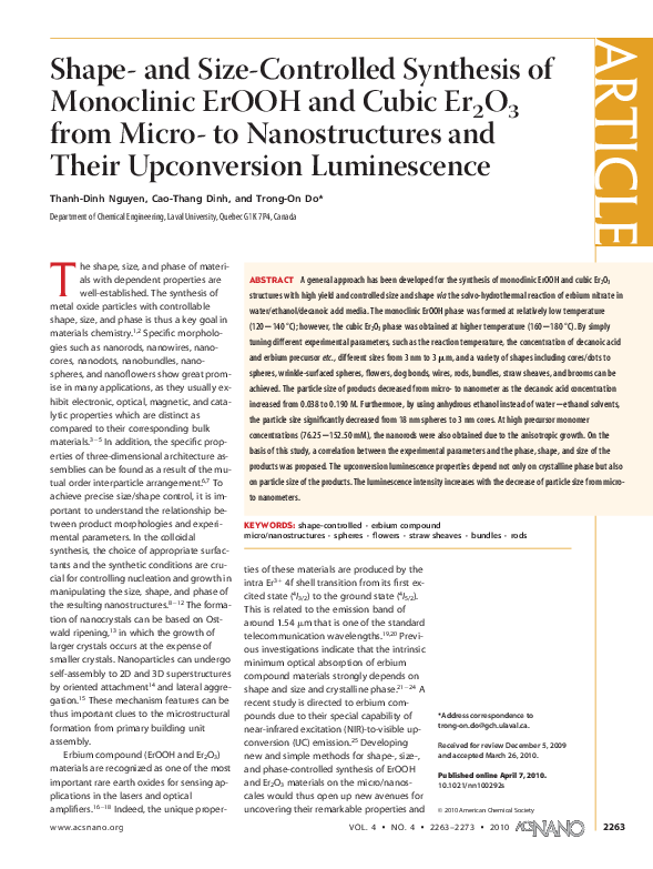 (PDF) Shape- and Size-Controlled Synthesis of Monoclinic ErOOH and Cubic Er2O3 from Micro- to ...