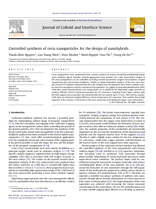 (PDF) Controlled synthesis of ceria nanoparticles for the design of nanohybrids