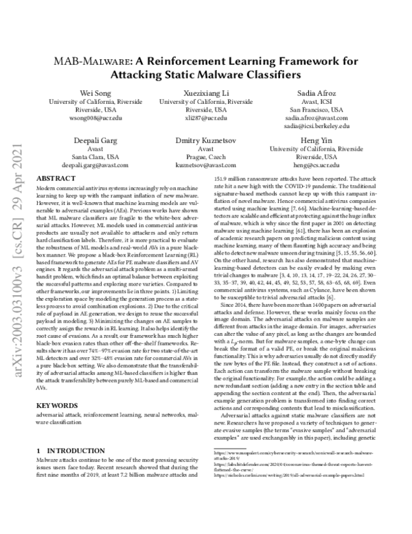 Pdf Mab Malware A Reinforcement Learning Framework For Attacking Static Malware Classifiers
