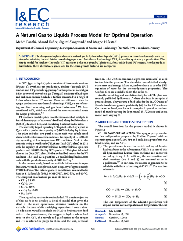 (PDF) A Natural Gas to Liquids Process Model for Optimal Operation