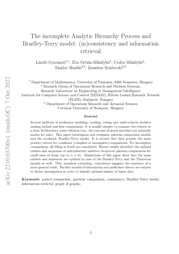 (PDF) The incomplete Analytic Hierarchy Process and Bradley-Terry model: (in)consistency and ...