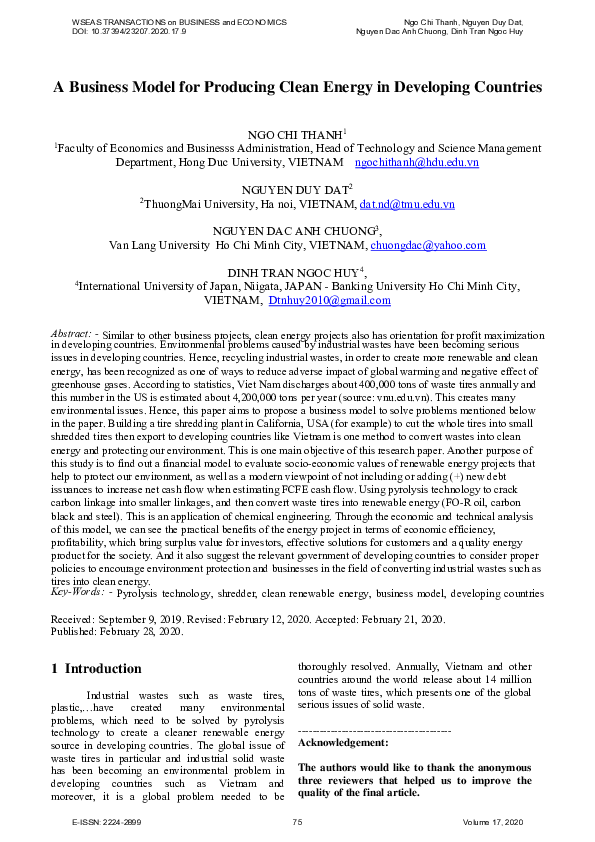 (PDF) A Business Model for Producing Clean Energy in Developing Countries