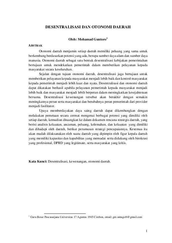 (PDF) Desentralisasi Dan Otonomi Daerah