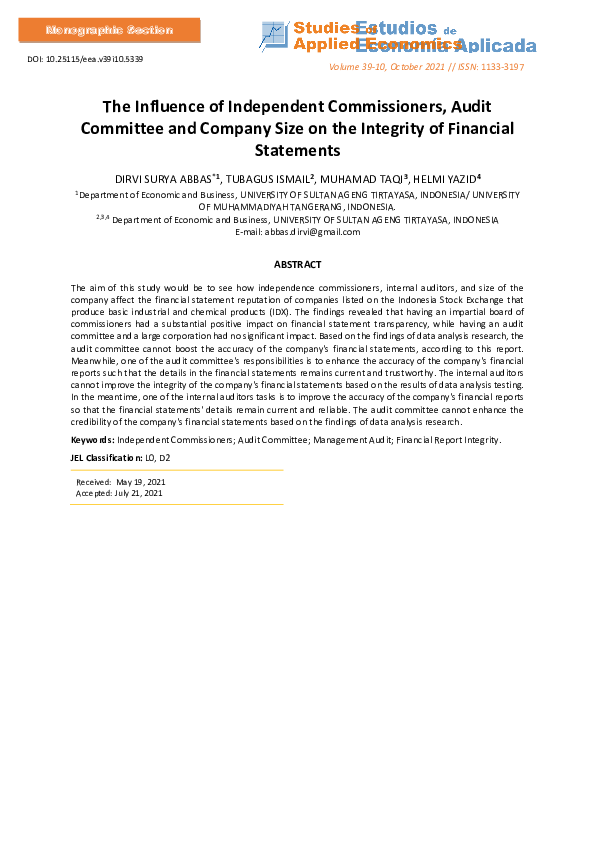 (PDF) The Influence of Independent Commissioners, Audit Committee and Company Size on the ...