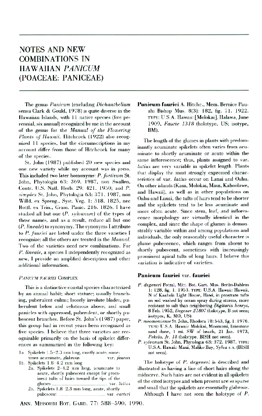 (PDF) Notes and New Combinations in Hawaiian Panicum (Poaceae: Paniceae)