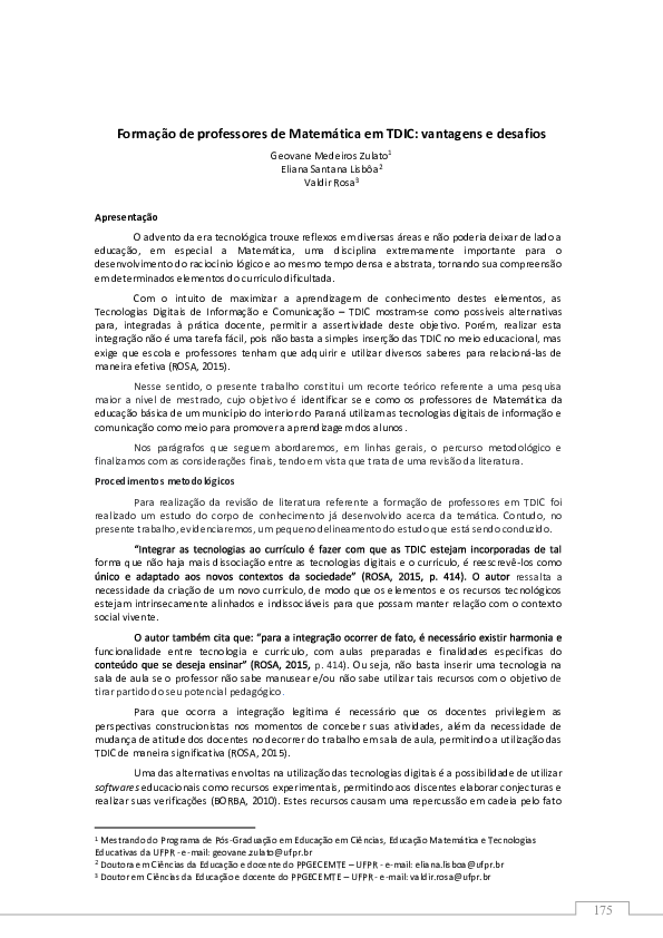 (PDF) Formacao de professores de Matematica em TDIC vantagens e desafios