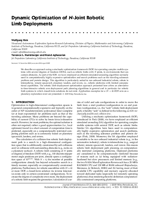 (PDF) Dynamic optimization of N -joint robotic limb deployments | Terry Huntsberger - Academia.edu