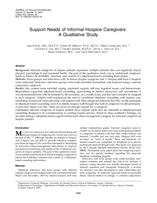 (PDF) Support Needs of Informal Hospice Caregivers: A Qualitative Study (PDF) Support Needs of Informal Hospice Caregivers: A Qualitative Study