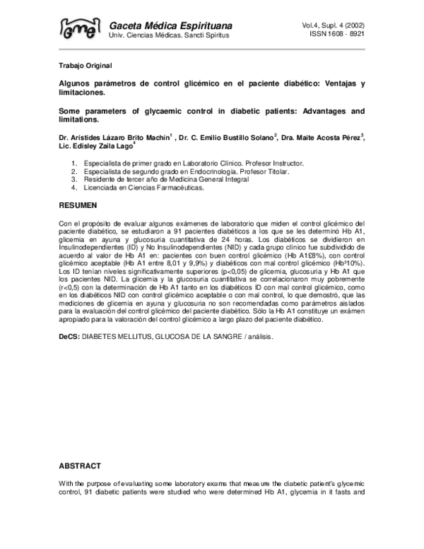 (PDF) Algunos parámetros de control glicémico en el paciente diabético: Ventajas y limitaciones