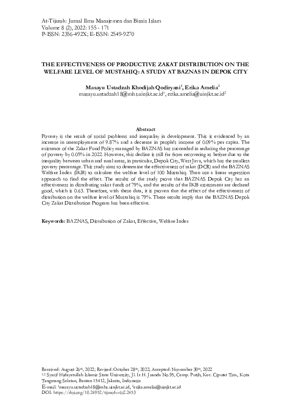 (PDF) The Effectiveness of Productive Zakat Distribution on The Welfare Level of Mustahiq a ...