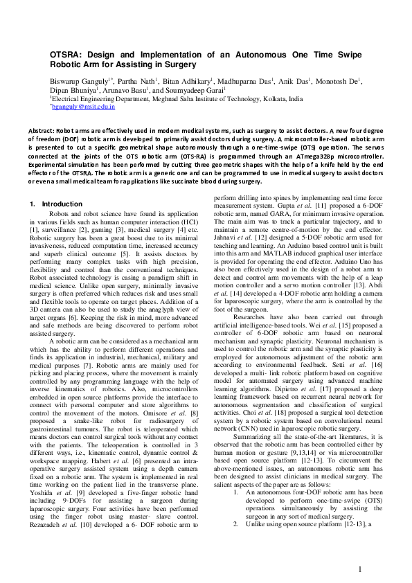 (PDF) OTSRA: Design and Implementation of an Autonomous One Time Swipe Robotic Arm for Assisting ...