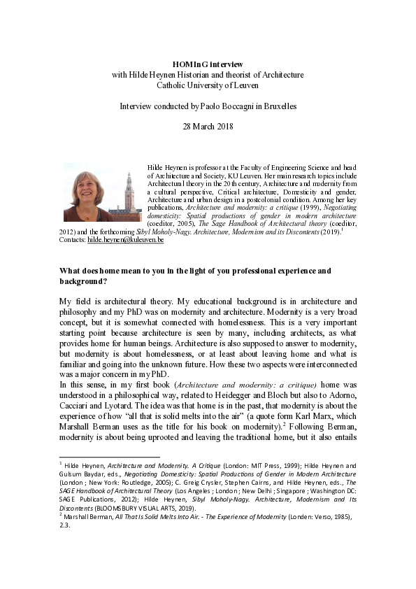 (PDF) HOMInG interview with Hilde Heynen Historian and theorist of ...