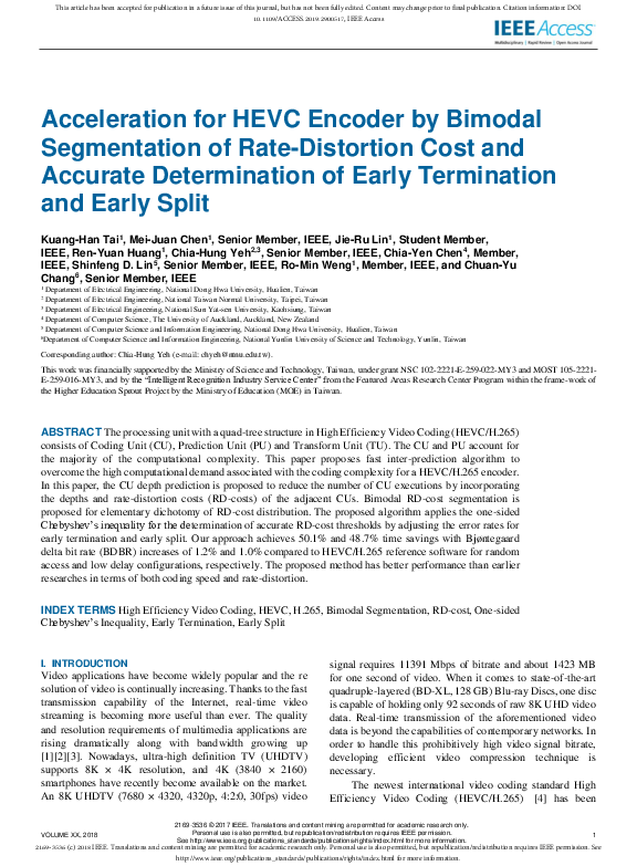 (PDF) Acceleration for HEVC Encoder by Bimodal Segmentation of Rate-Distortion Cost and Accurate ...