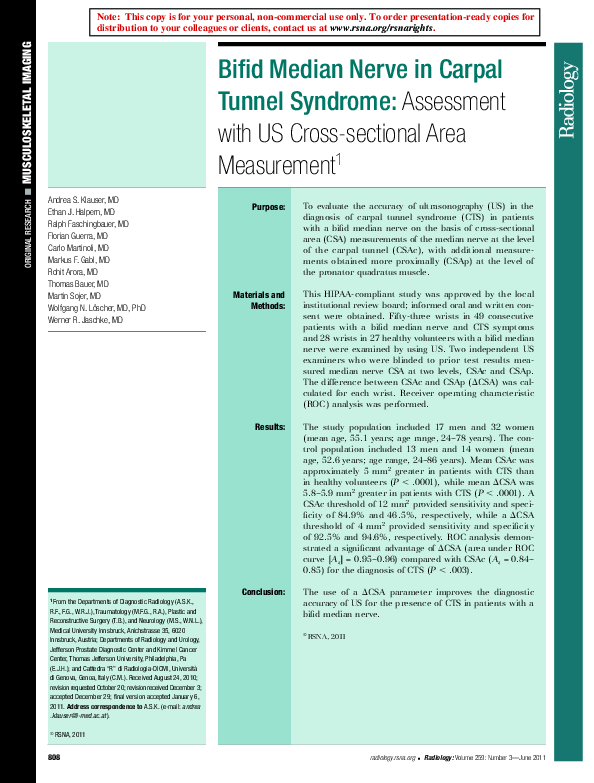 (PDF) Bifid Median Nerve in Carpal Tunnel Syndrome: Assessment with US ...