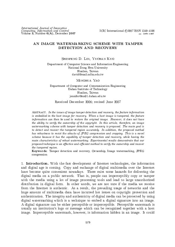 Pdf An Image Watermarking Scheme With Tamper Detection And Recovery