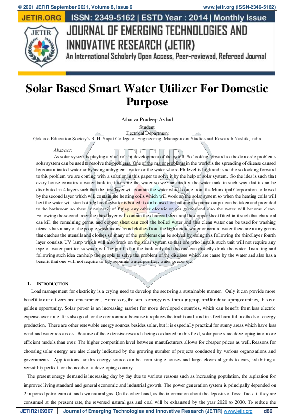 (PDF) Solar Based Smart Water Utilizer For Domestic Purpose