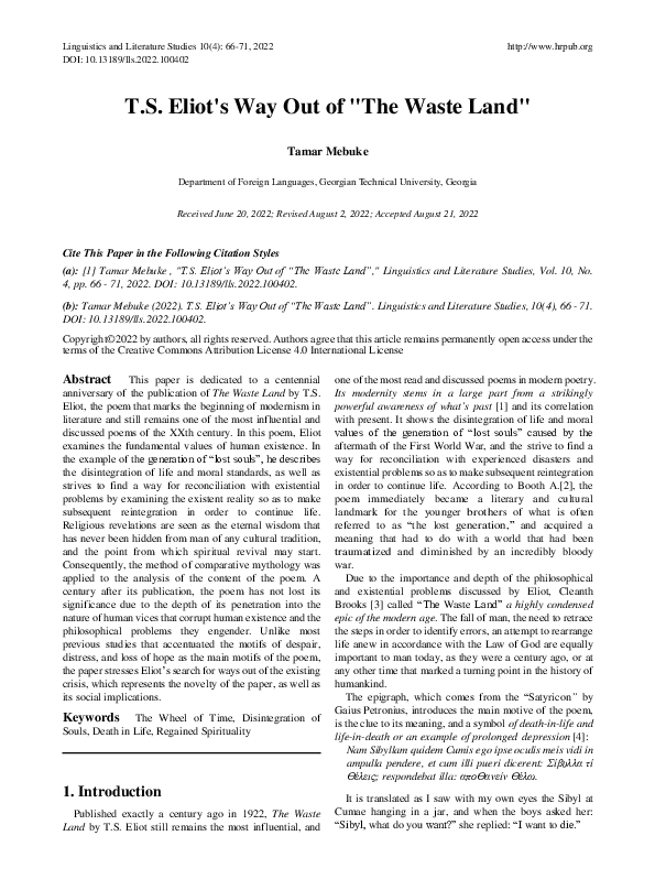 (PDF) T.S. Eliot's Way Out of "The Waste Land