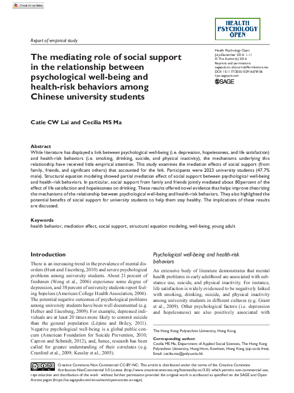 (PDF) The mediating role of social support in the relationship between psychological well-being ...