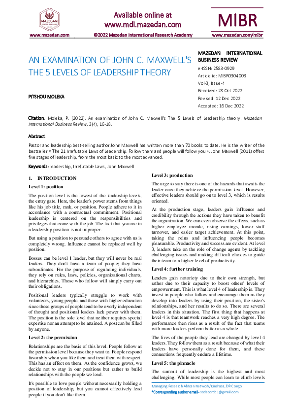 (PDF) AN EXAMINATION OF JOHN C. MAXWELL'S THE 5 LEVELS OF LEADERSHIP THEORY