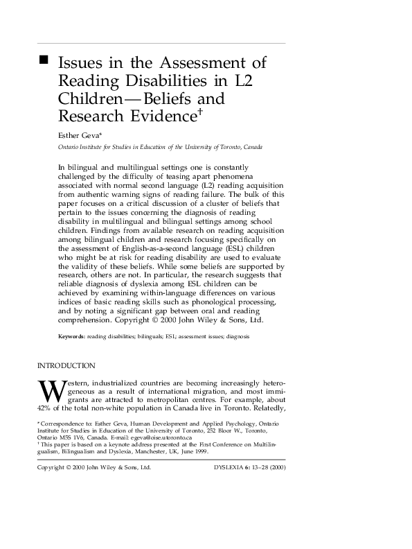 (PDF) Issues in the assessment of reading disabilities in L2 children?beliefs and research evidence