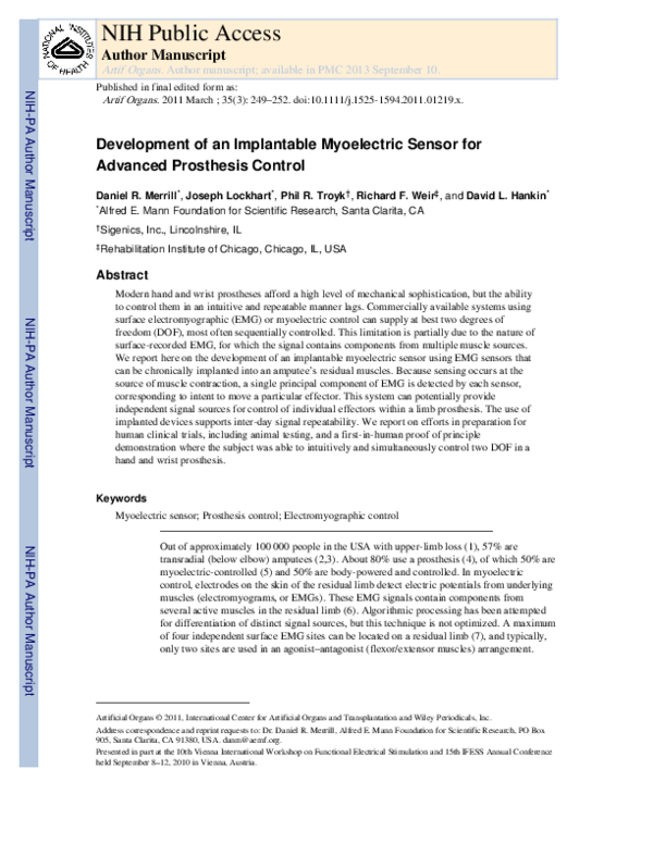 Pdf Development Of An Implantable Myoelectric Sensor For Advanced