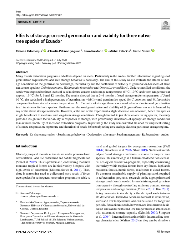 Pdf Effects Of Storage On Seed Germination And Viability For Three