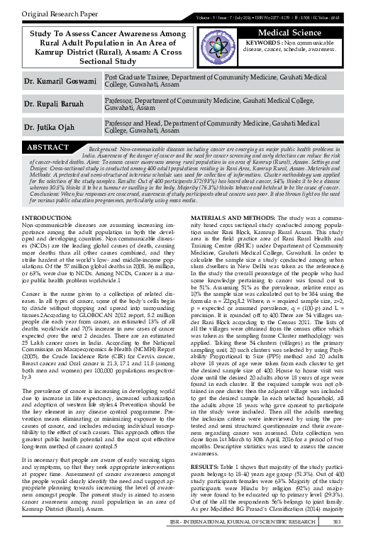 (PDF) Study To Assess Cancer Awareness Among Rural Adult Population in ...