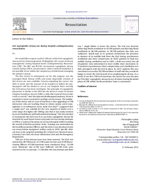 (PDF) iGel supraglottic airway use during hospital cardiopulmonary ...