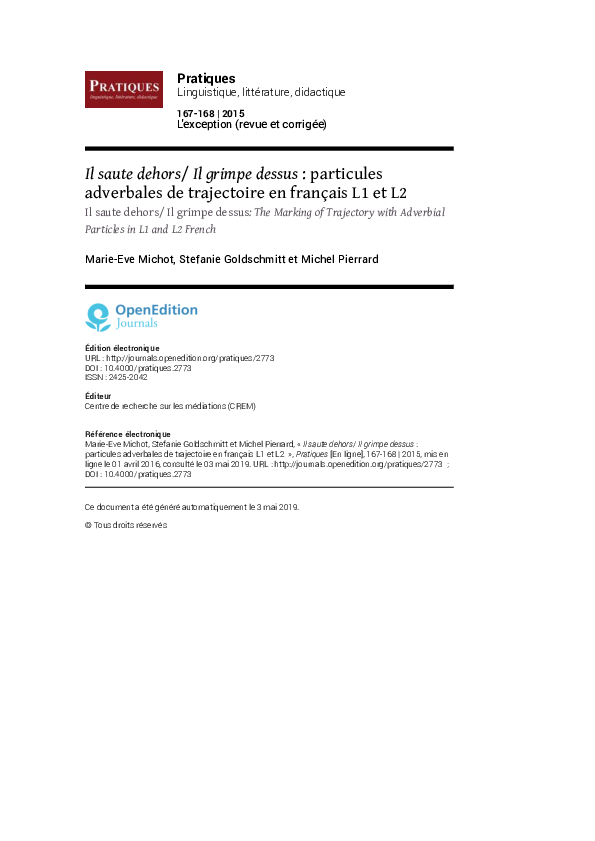 (PDF) Il saute dehors/ Il grimpe dessus : particules adverbales de ...