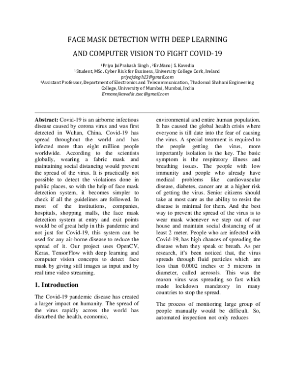 (PDF) Face Mask Detection with Deep Learning and Computer Vision to Fight COVID-19