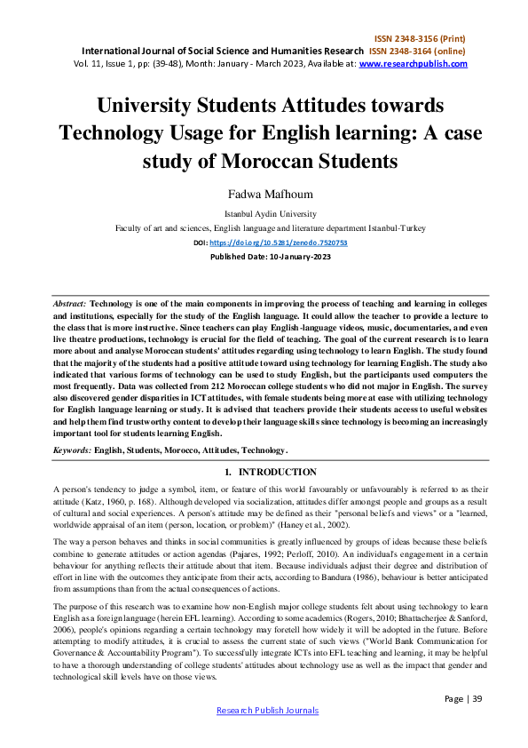 (PDF) University Students Attitudes towards Technology Usage for ...