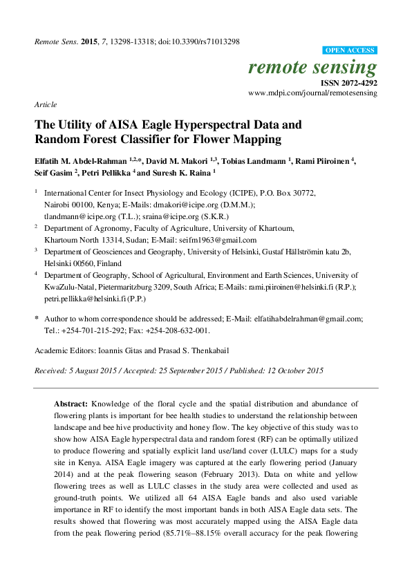 (PDF) Article The Utility of AISA Eagle Hyperspectral Data and Random Forest Classifier for ...