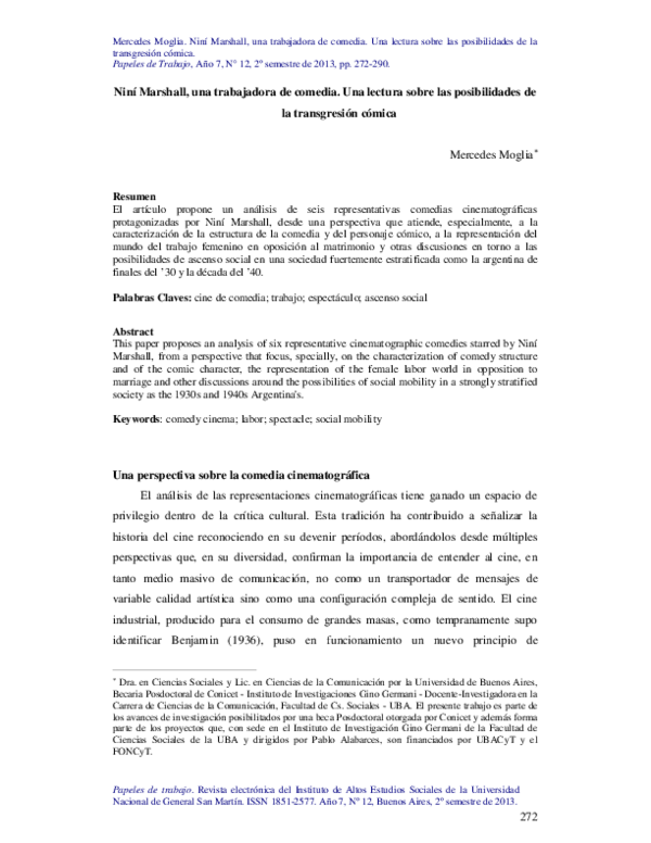 (PDF) Niní Marshall, una trabajadora de comedia. Una lectura sobre las posibilidades de la ...