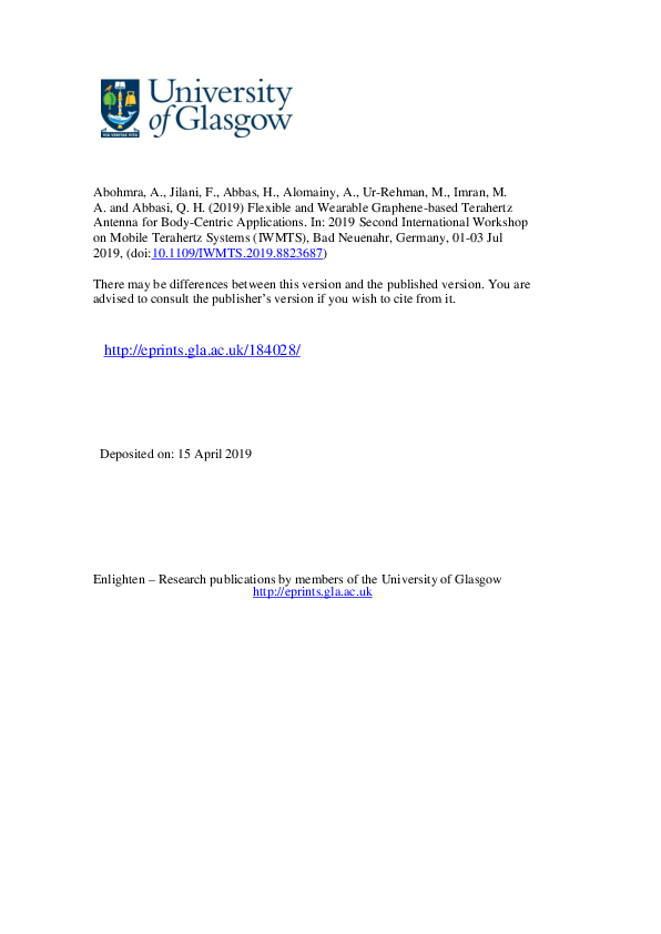Pdf Flexible And Wearable Graphene Based Terahertz Antenna For Body Centric Applications