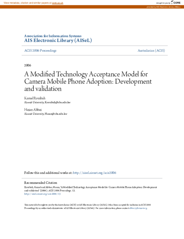 (PDF) A Modified Technology Acceptance Model for Camera Mobile Phone ...