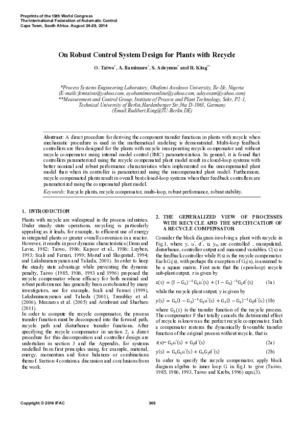 (PDF) On Robust Control System Design for Plants with Recycle
