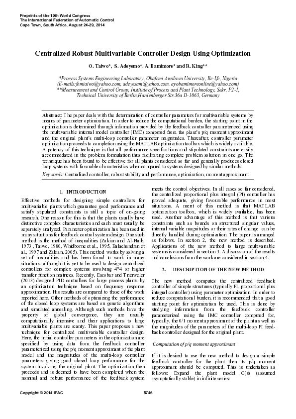 Pdf Centralized Robust Multivariable Controller Design Using Optimization 3246